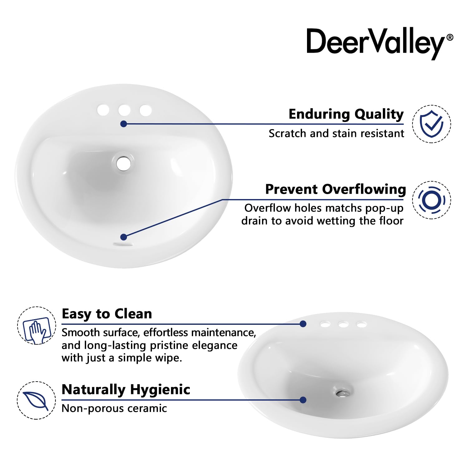 Bathroom Vessel Sink, DeerValley, 20”x17” Oval Ceramic Drop-in Sink for Bathroom White Vessel Sink Modern Art Basin Bathroom Sink with Overflow and Three Faucet Holes at 1.25”, DV-1DS0120