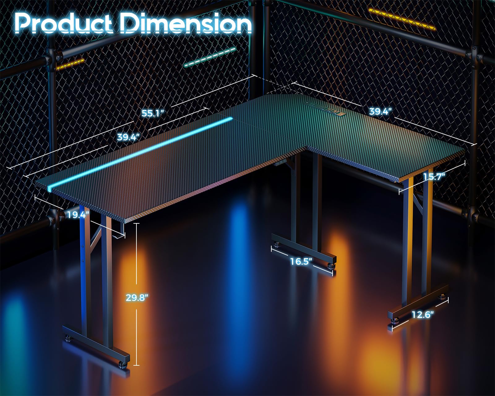 MOTPK L Shaped Gaming Desk with Led Lights, 55 Inch Gaming Computer Desk with Carbon Fiber Texture, Pc Gaming Table with Power Outlet and Headphone Hook, L Desk for Gaming, Black