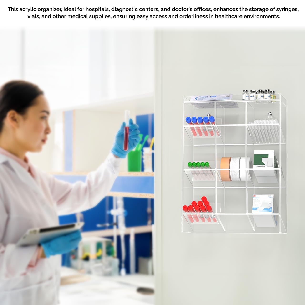 Tube Rack Clear Acrylic 9 Compartment 11.5" x 5.5" x 16" Wall Mount with Hanging Hardware or Countertop Phlebotomists Scientists Nurses Physicians Emergency Technicians by Marketing Holders