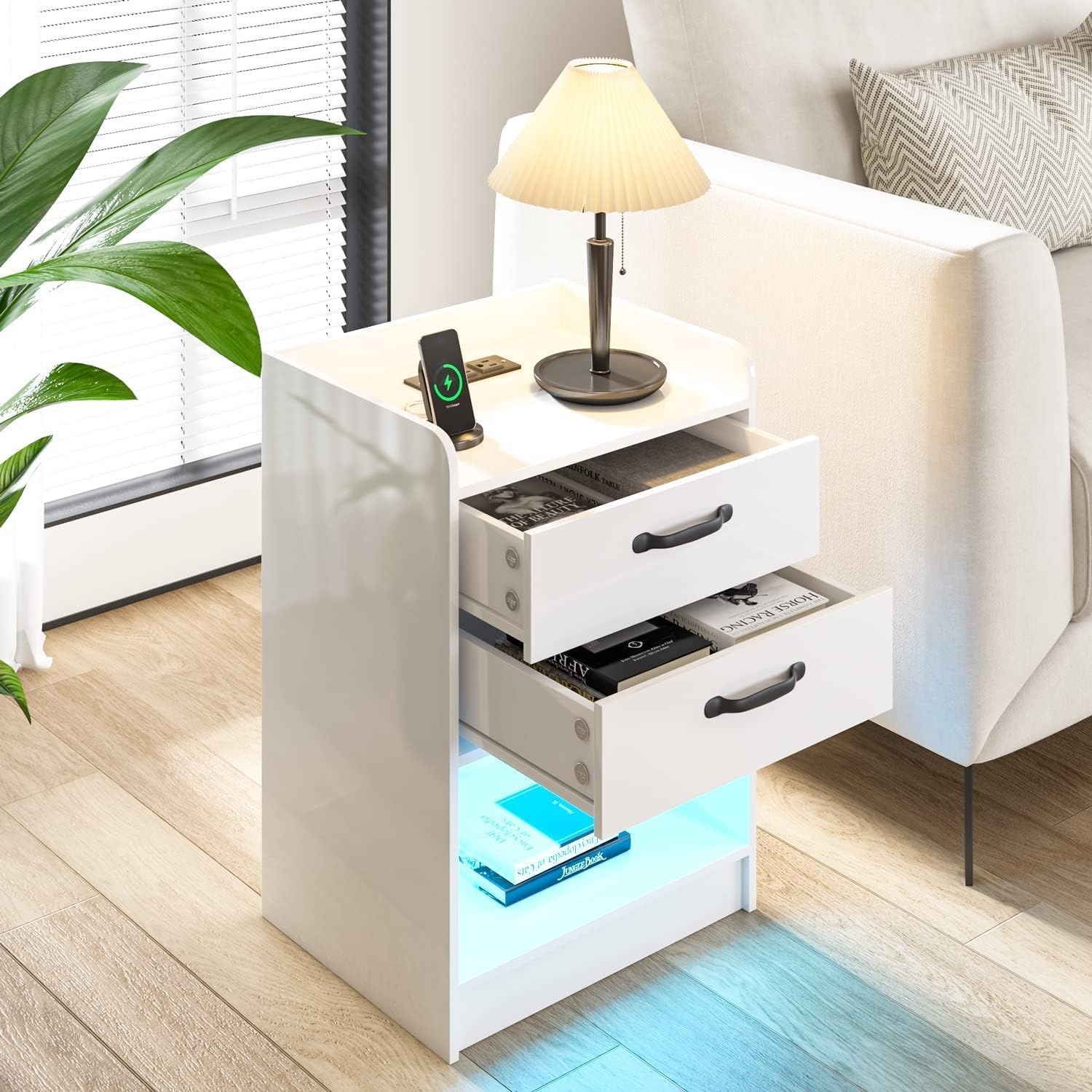 4 EVER WINNER White Nightstand with Charging Station, LED End Side Table with 2 Drawers and Open Storage, Bedside Table with USB Ports and Outlets for Bedroom, White