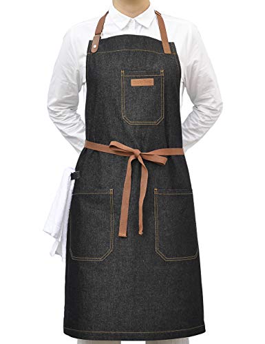 DingSay Trendy Denim Chef Apron with Pockets, Mens Womens Professional Kitchen Bib Black Apron for Cooking Grill BBQ Server, with Towel Loop and Adjustable Neck Straps