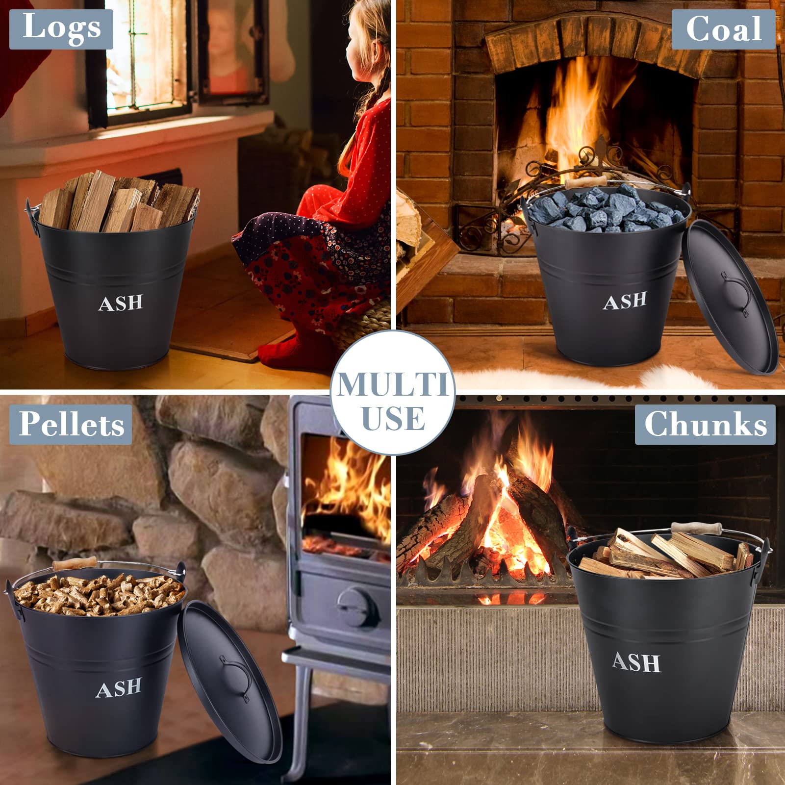 Ash Bucket with Lid and Handle, Galvanized Iron Ash Pail for Fireplace, Fire Pits and Wood Burning Stoves