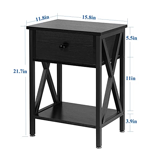 VECELO Modern Versatile Nightstands X-Design Side End Table Night Stand Storage Shelf with Bin Drawer for Living Room Bedroom, Set of 2 (Black)