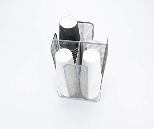 Mind Reader Carousel Cup and Lid Organizer, 4 Compartment, Silver Metal Mesh, 8" L x 8" W x 12" H
