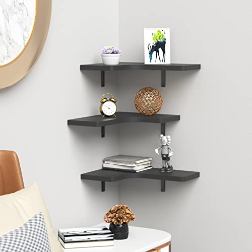 Buwico Corner Floating Shelves, Black Wall Mount Corner Shelf, Rustic Wood Wall Storage Shelves Set of 3, Solid Wood Corner Wall Shelf for Bedroom, Living Room, Bathroom, Kitchen, Office (Black)