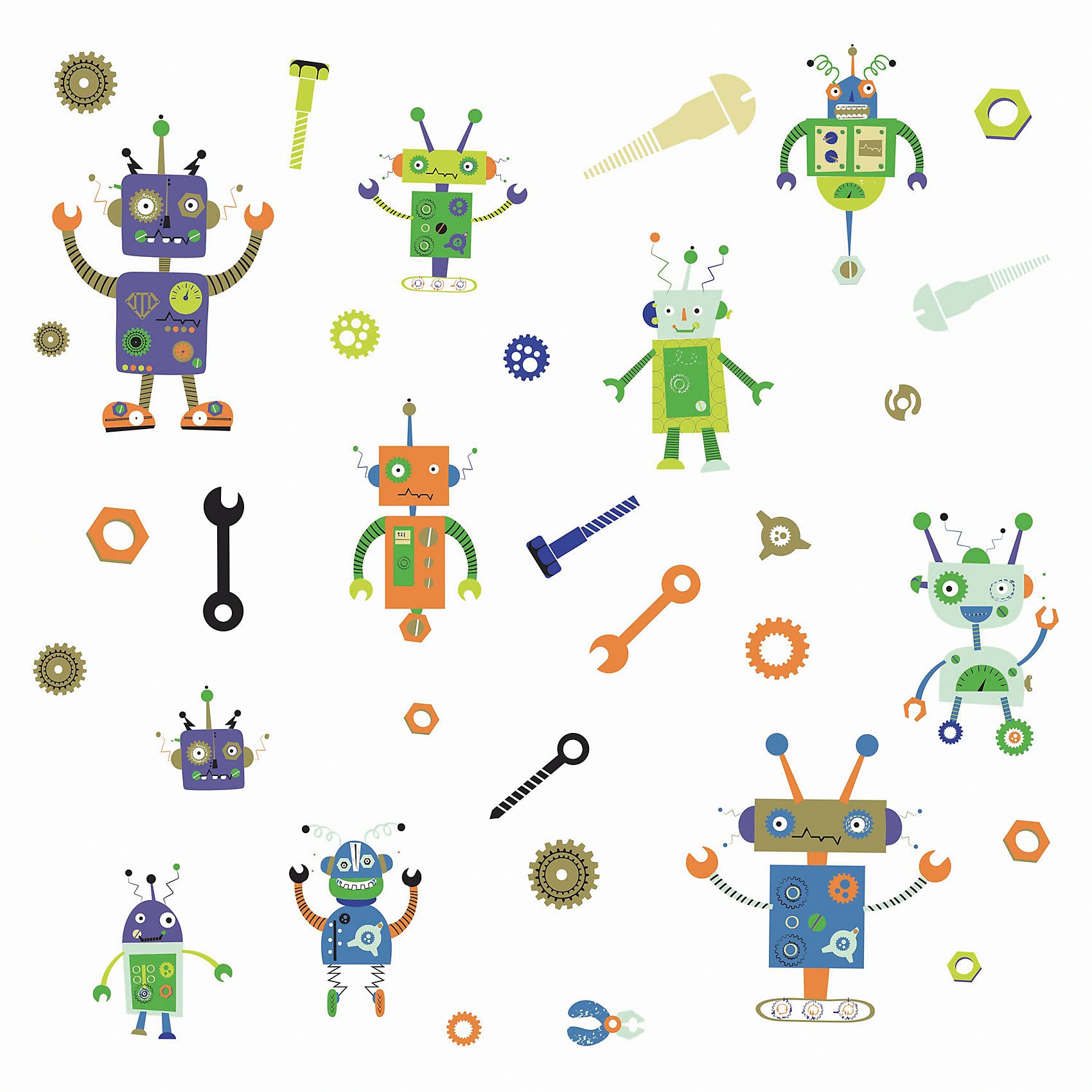 RoomMates RMK3941SCS Robots Peel and Stick Wall Decals,Orange, Blue, Purple, Green