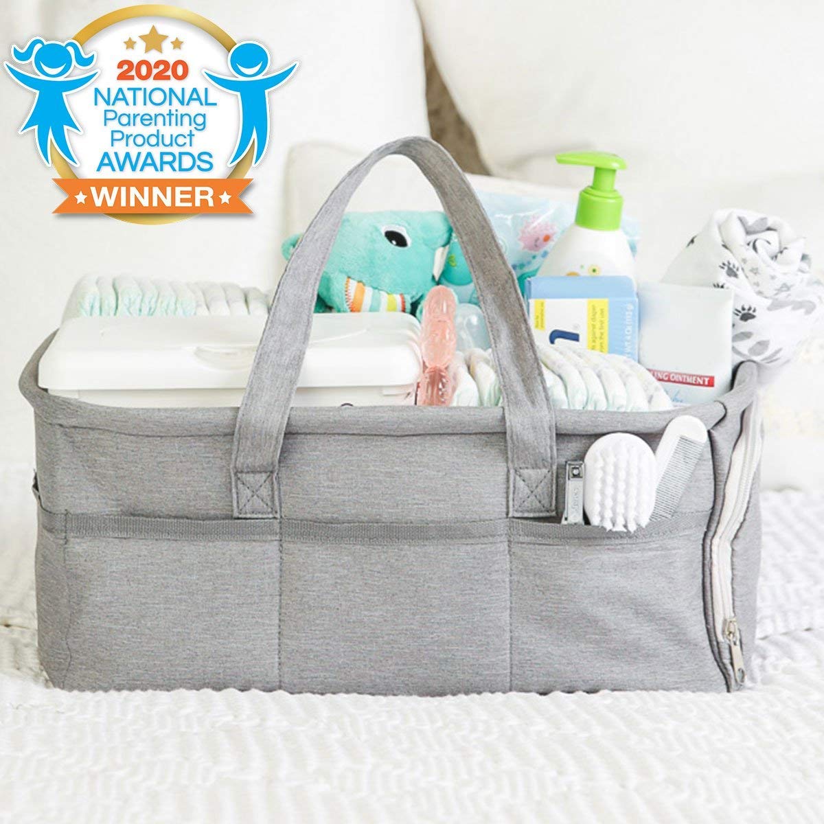 4 in 1 Baby Wrap Carrier and Diaper Caddy Organizer Bundle - Ring Sling- Grey and White Stripes Cotton