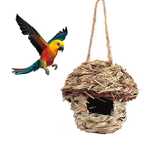 Fdit Bird Nest, Handwoven Straw Bird Nest Cage House Hatching Breeding Cave in 3 Size for Parrot, Canary or Cockatiel or Other Birds(S)