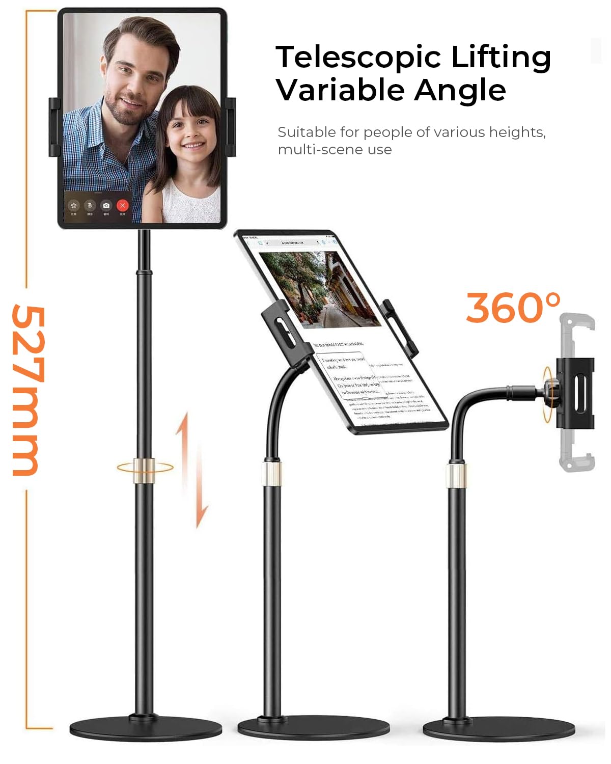 LISEN for iPad Stand for Desk Portable Monitor Stand Adjustable Tablet Stand, Thick Case Friendly iPad Pro Holder Fits(4.7"-15.6") iPad Pro 12.9/10.9/10.2 Air Mini 4 3 2 Fire Tab Nexus Kindle, Black