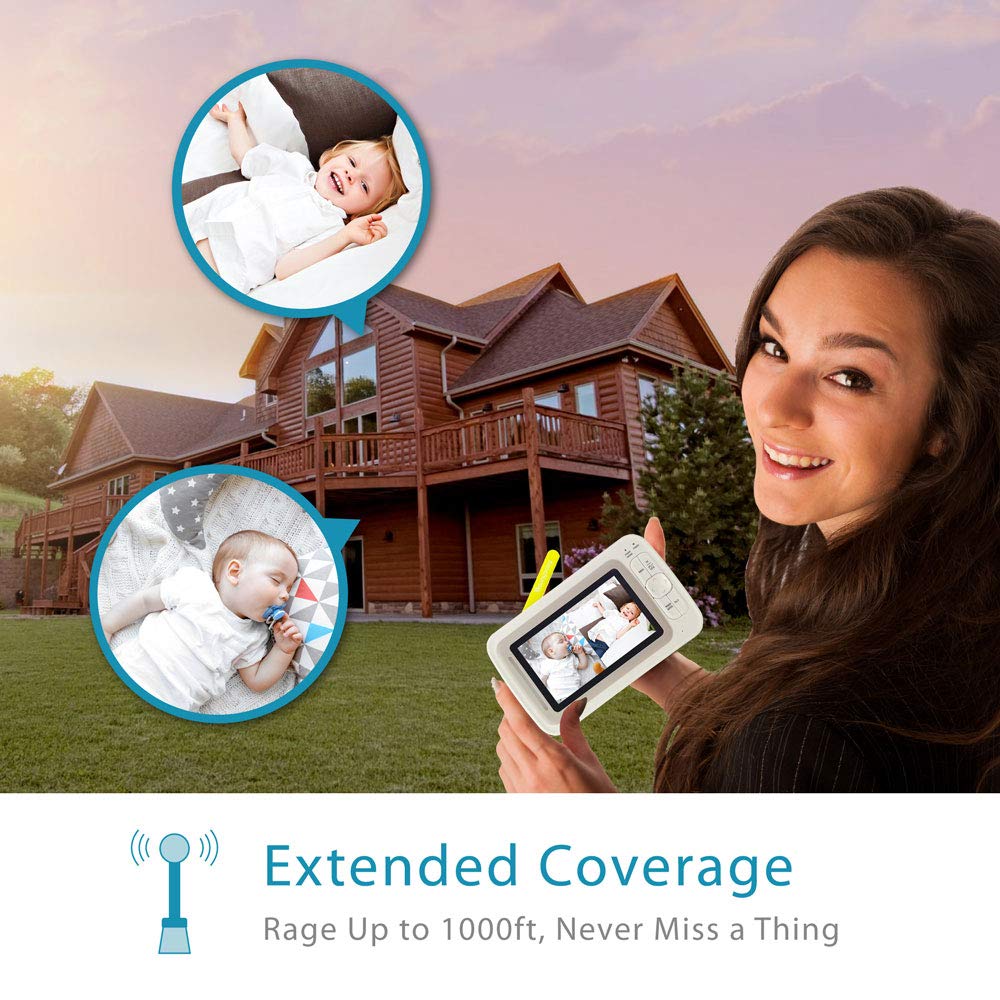 Moonybaby Split Screen Baby Monitor with 2 Cameras, Extended 12hrs Battery Life, Wide View, Large Screen, Long Range, Night Vision, Temperature Monitoring, 2 Way Talk Back, Power Saving