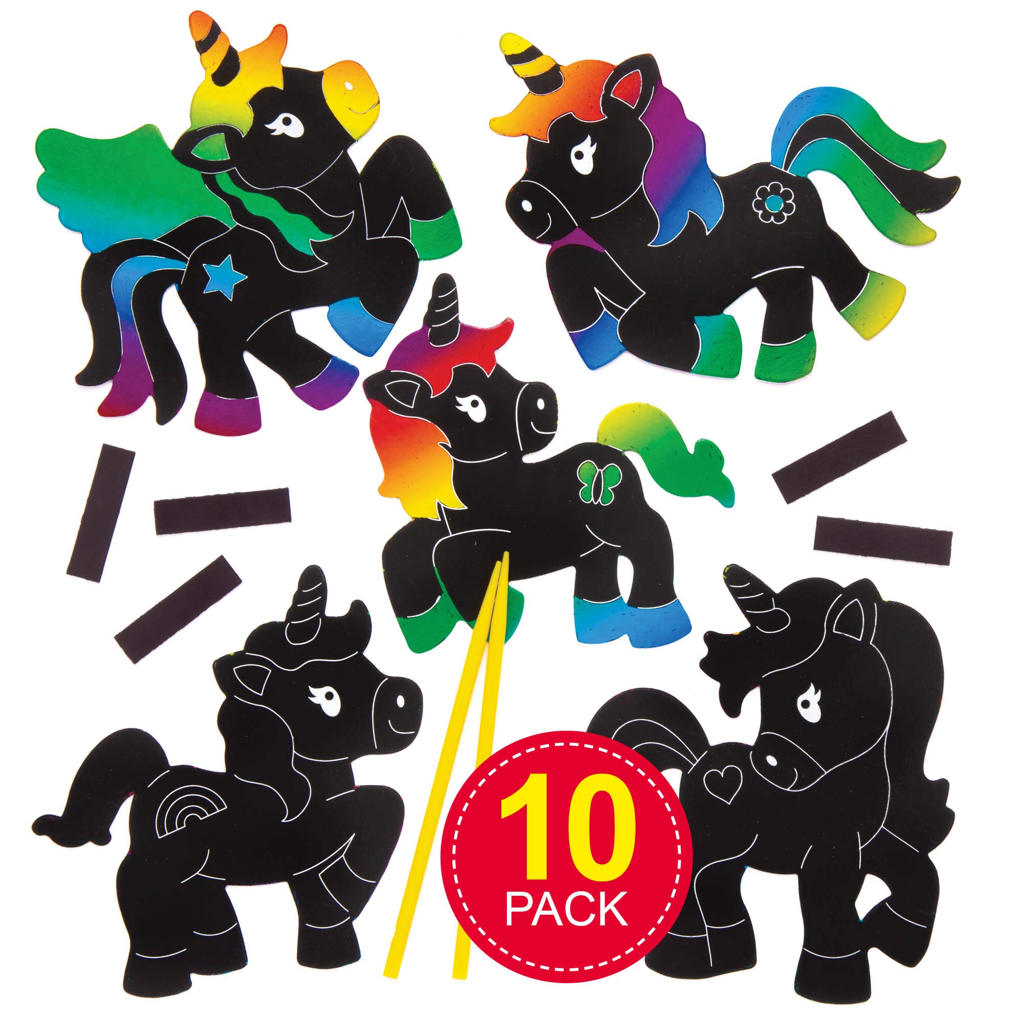 Baker Ross AW625 Unicorn Scratch Art Fridge Magnets - Pack of 10, Rainbow Scratch Paper with Stylus for Kids to Decorate in Arts and Crafts Activities