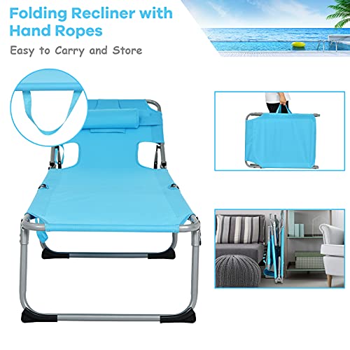 GYMAX Tanning Chair, Folding Beach Lounger with Face Arm Hole, Adjustable Backrest,Side Pocket, Removable Pillow & Carry Handle, Outside Sunbathing Lounge Chair for Patio, Poolside (1, Turquoise)