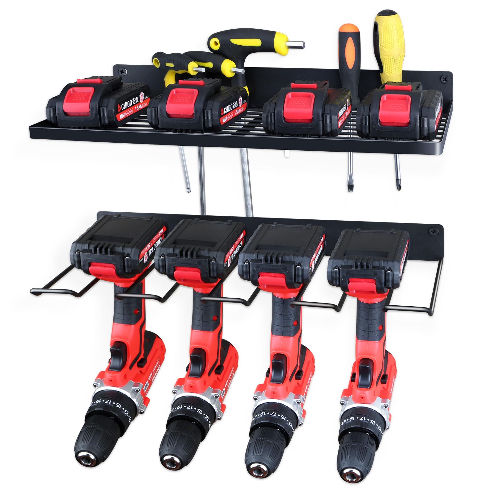 Lahien Drill Holder Wall Mount 2 tiers-Power Tool Organizer- Heavy Duty Tool Shelf-Floating Tool Shelf Wall Mounted Tool Storage Rack for 4 Drill Holders