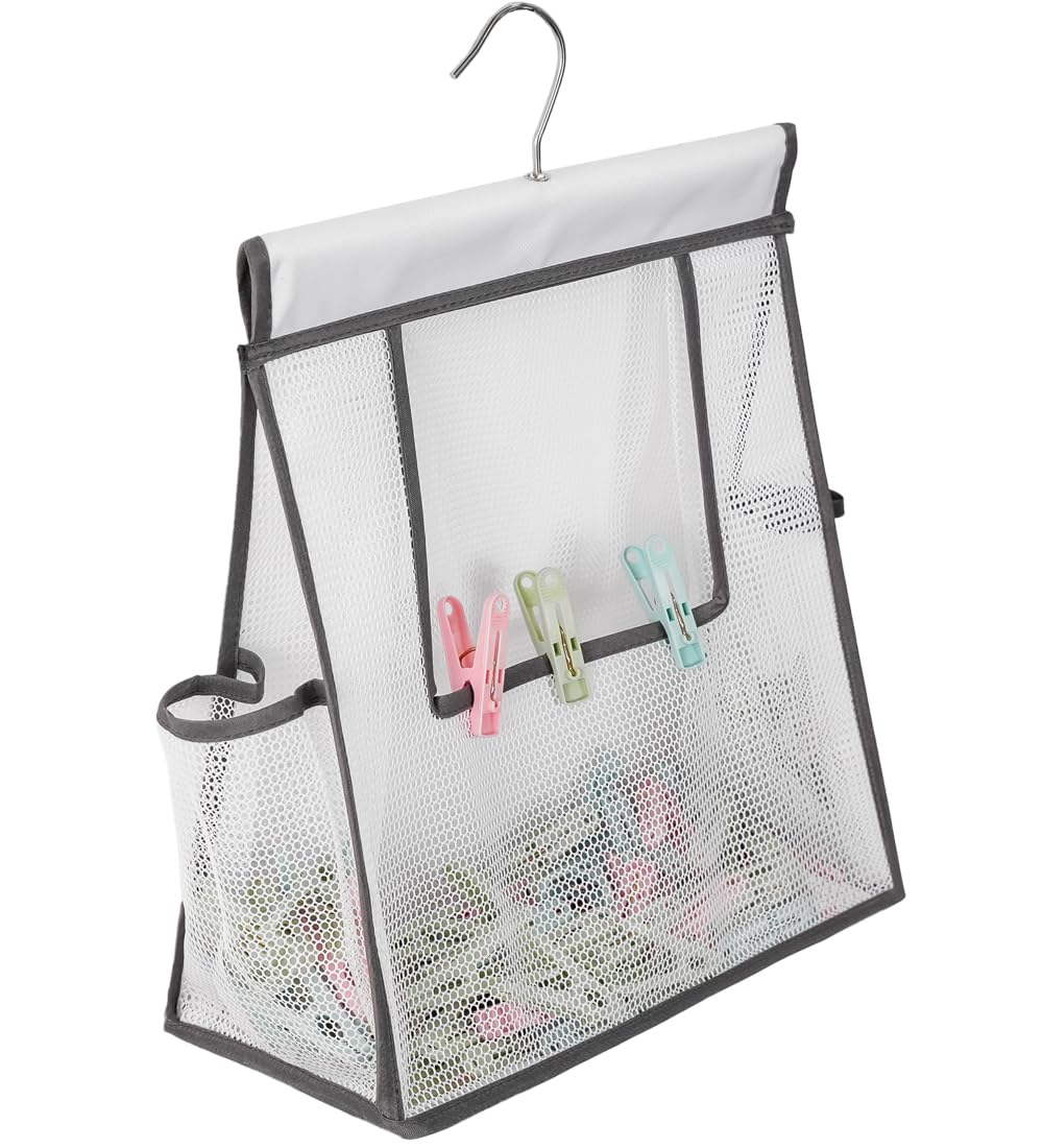 ALYER Clothpin Storage Bag with Hanger,Multipurpose Hanging Shower Basket Holder with a Large Opening (Gray Edge)
