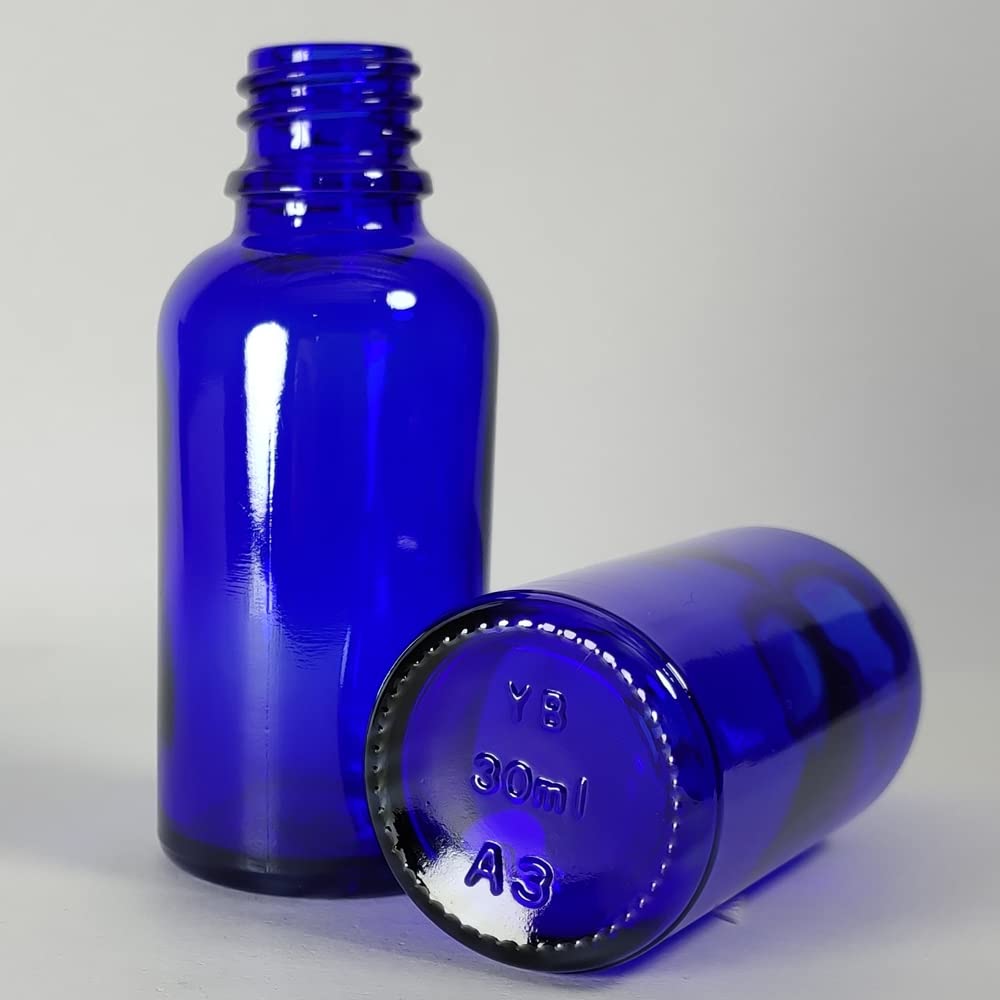PIPIBA 24Pack 1oz(30ml) Boston Glass Bottle. Essential Oil Bottle With Lid. For Perfume, Aromatherapy, Lab Refillable Sample Vials (Blue)