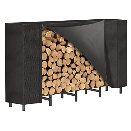 5.3Ft Outdoor Firewood Rack with Cover Wood Log Racks Holders for Fireplace Adjustable Metal Wood Storage Rack Stand Stackers for Fire Wood, Patio, Porches, Waterproof Oxford Fabric Cover, Black