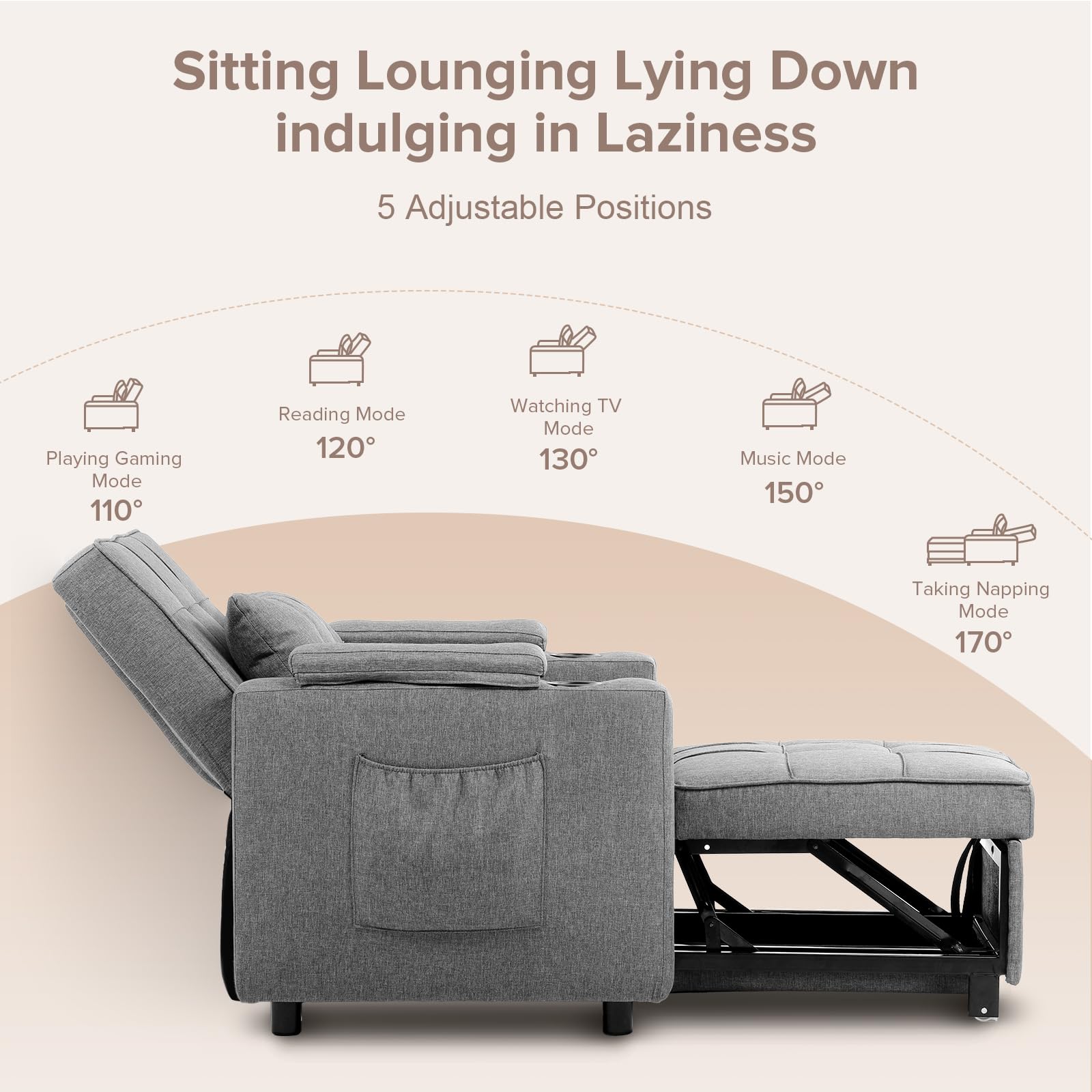 COMHOMA Convertible Sleeper Chair Bed, Armchair Bed Sleeper with Cup Holders, 3-in-1 Single Convertible Chair, Futon Chair Bed with Side Pocket, Pull Out Sleeper Bed for Living Room(Grey)