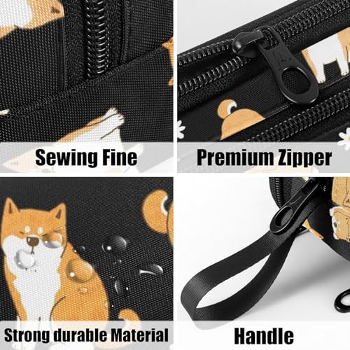 Fustylead Cute Cartoon Shiba Inu Dog and White Daisy Flower Large Pencil Bag Storage Pen Case Makeup Pouch Stationery Bag for School College Office Organizer