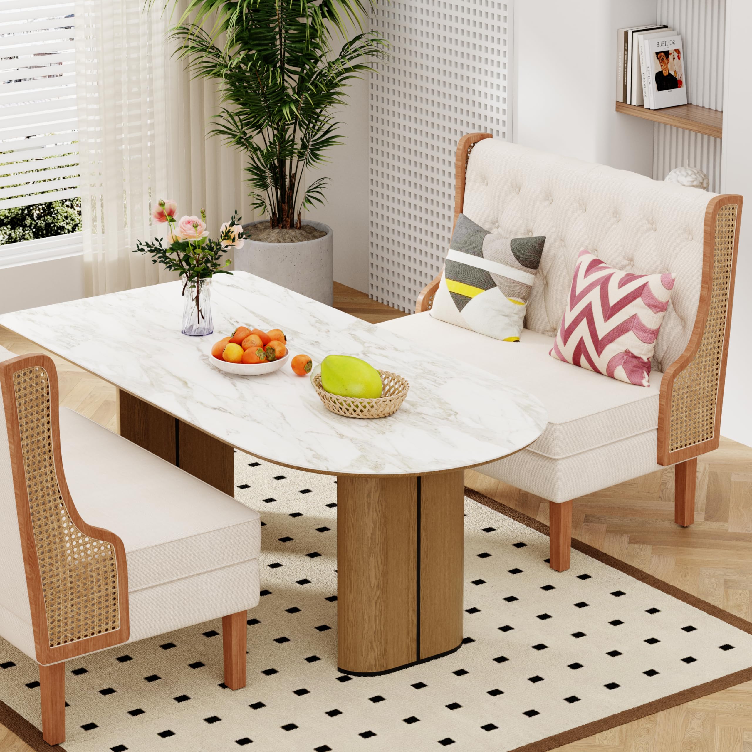 Andeworld Loveseat Settee Bench with Natural Rattan Arms,Upholstered Modern High-Back Mini Sofa Couch,Banquette Dining Bench Love Seat for Living Dining Room Bedroom Office Small Space Entryway,Ivory