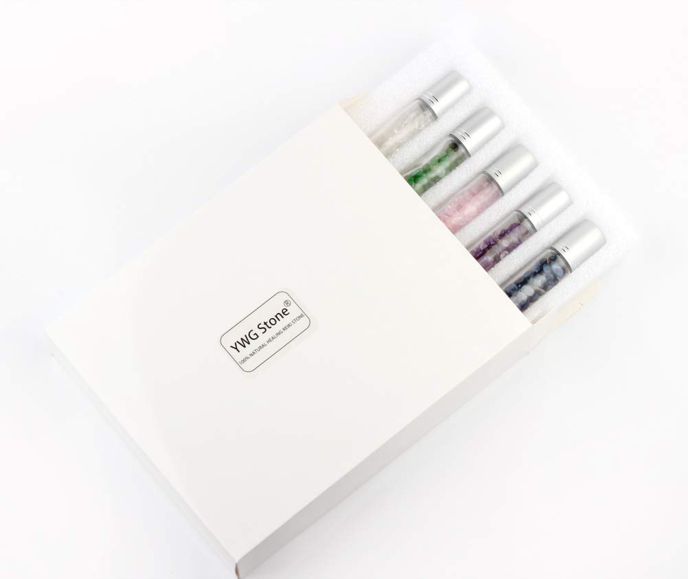 Natural Gemstones 10ML Essential Oil Roller Bottles Clear Glass Roll-on Bottles Gemstone Perfume Sample Vials with Crystal Stone Roller Balls & Healing Crystal Chips Inside 10PACK