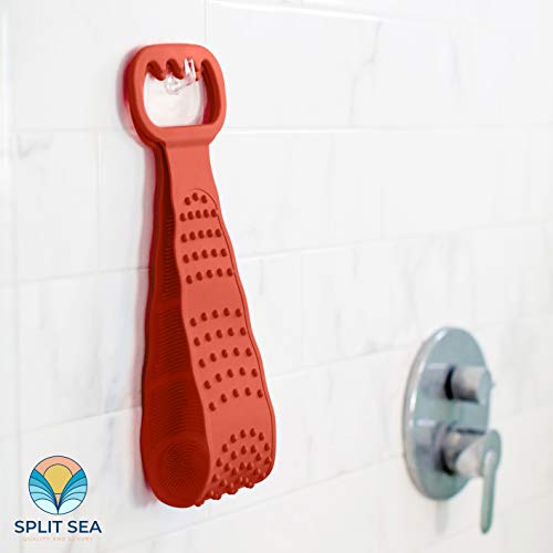 Back Scrubber for Shower, Silicone Bath Body Brush Cleanses, Exfoliates & Massages Dual-Sided Easy to Clean High Quality Premium Invigorate Skin, Improve Acne & Bathe SplitSea (27.5 Inch, Sunset Red)