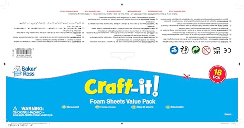 Baker Ross EV4072 Foam Sheets Value - Pack - Pack of 18, Class Pack of Craft Pages for Kids Arts and Craft Activities, Great for Cutting, Gluing or Sewing!