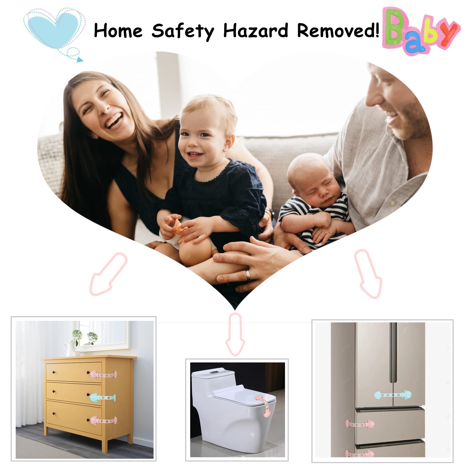 6 Pack Safety Strap Locks for Fridge, Cabinets, Drawers, Dishwasher, Toilet- Adjustable Strap, Fish Style Child Proof Locks for Cabinet Doors, Child Proof Cabinet Latches, Child Safety Cabinet Locks