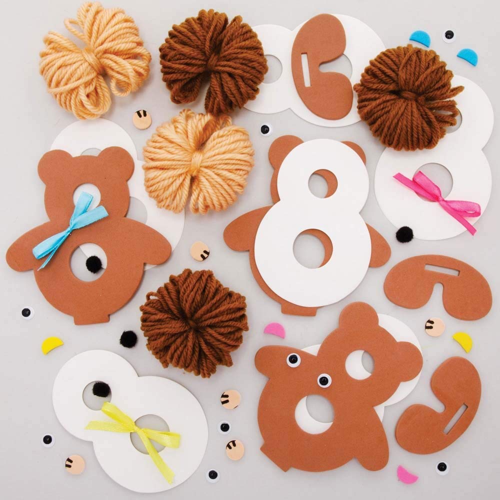 Baker Ross FE362 Teddy Bear Craft Pom Pom Kits - Pack of 3, Childrens Art Make Your Own Fluffy Pom Friend