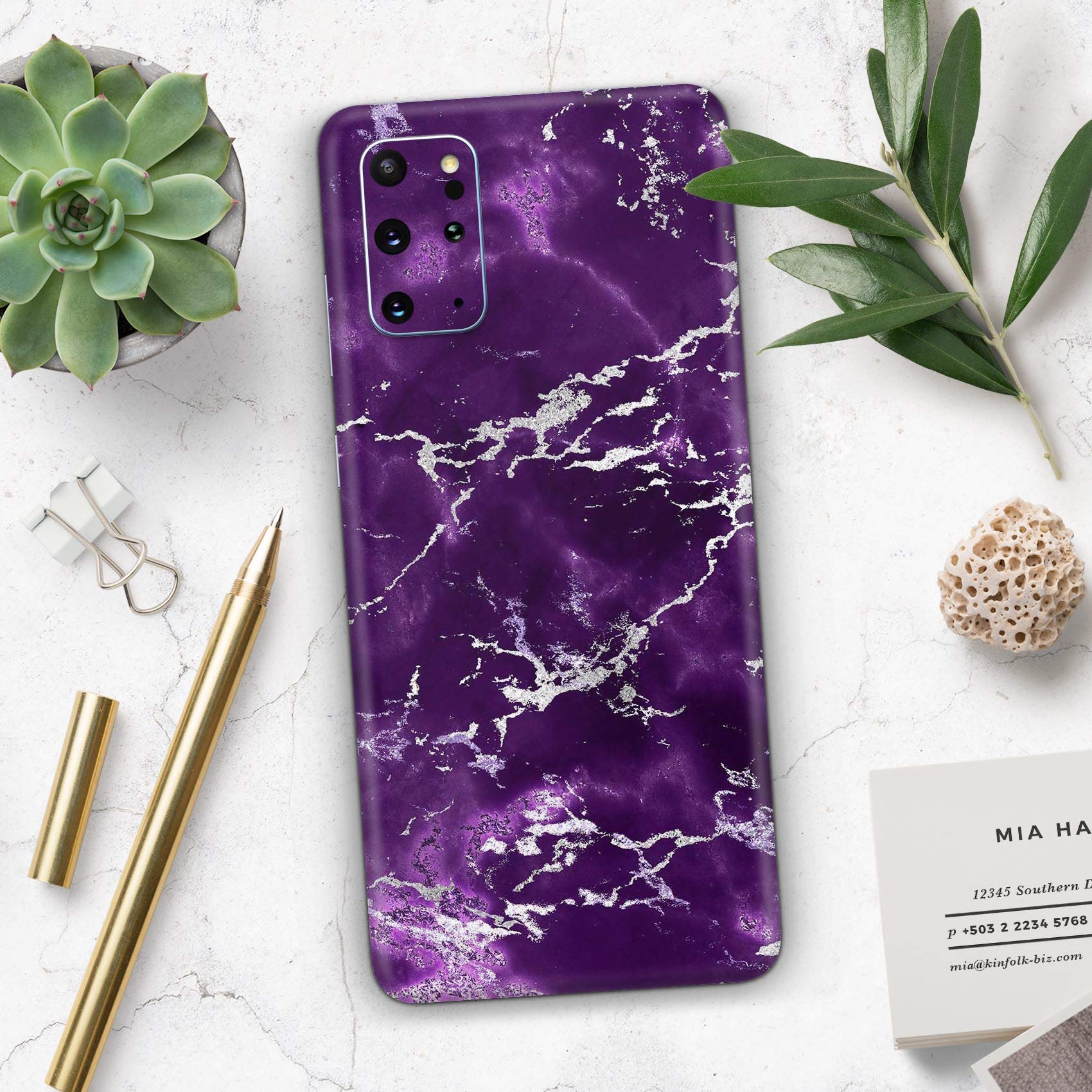 DesignSkinz Purple Marble & Digital Silver Foil V7 Protective Vinyl Decal Wrap Skin Cover Compatible with The Samsung Galaxy S20 (Screen Trim & Back Glass Skin)