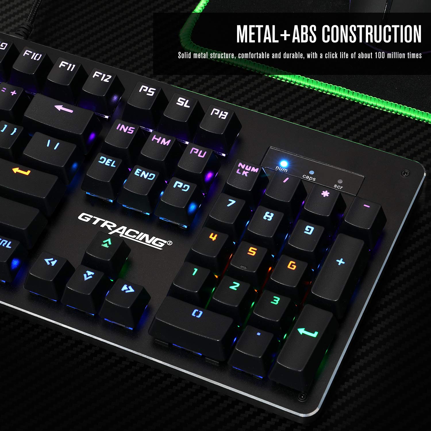 GTRACING Mechanical Keyboard, Wired Gaming Keyboard, Switch 104 Keys Rainbow Backlit Keyboard and 20 LED Lighting Effect for PC Computer Gamers (Silver)
