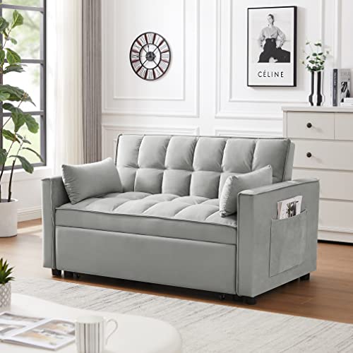 BIADNBZ Futon 3 in 1 Convertible Sleeper Sofa Velvet Fabric w/Pullout Bed, Small Loveseat w/Reclining Backrest, Toss Pillows, Pockets, Couches for Living Room/Apart, Gray