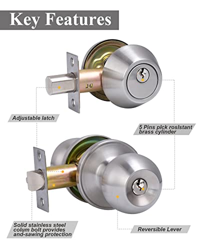 All Keyed Same Entry Door Knob and Single Cylinder Deadbolt Combo Set, Satin Nickel Exterior Door Knobs with Lock and Keys for Entrance and Front Door