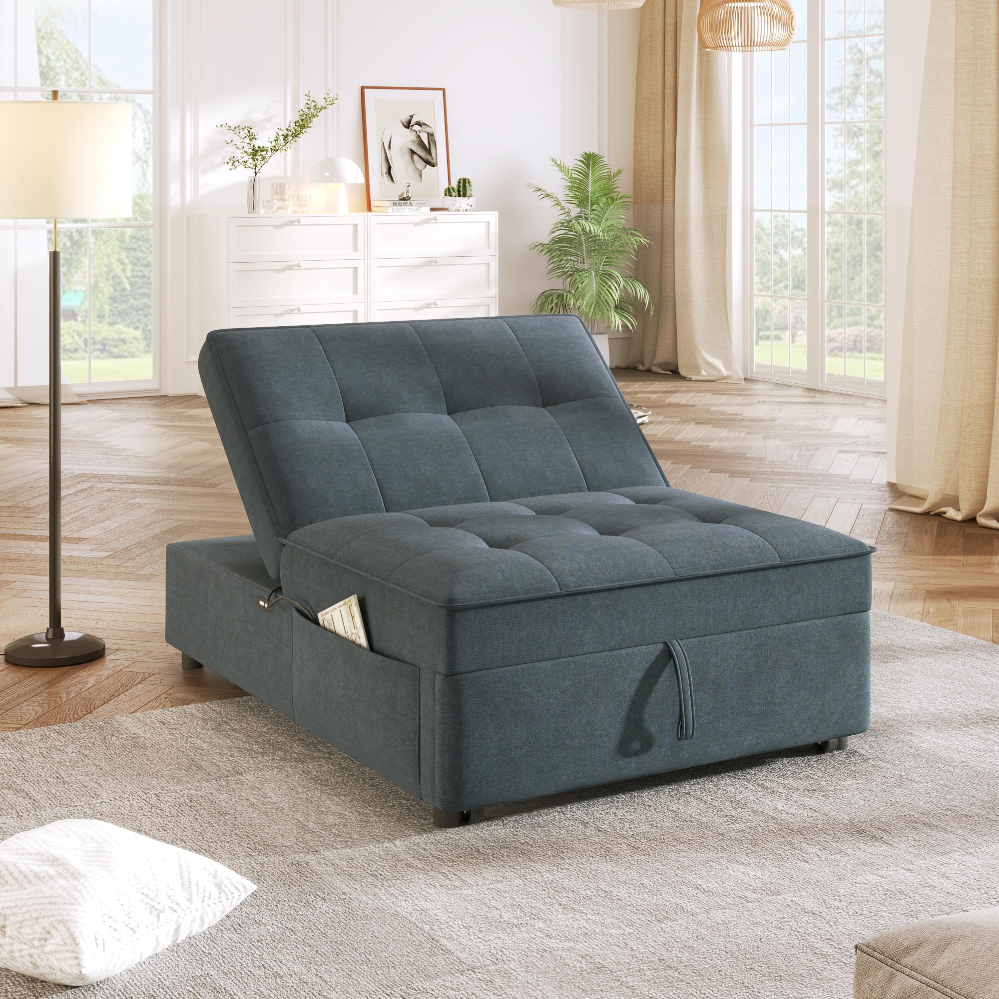 Linique Convertible Sofa Bed with Storage Pocket and USB Ports, Foldable Ottoman Single Sleeper Sofabed, Lounger Sofa Chair for Living Room, Office, Bedroom, Beige