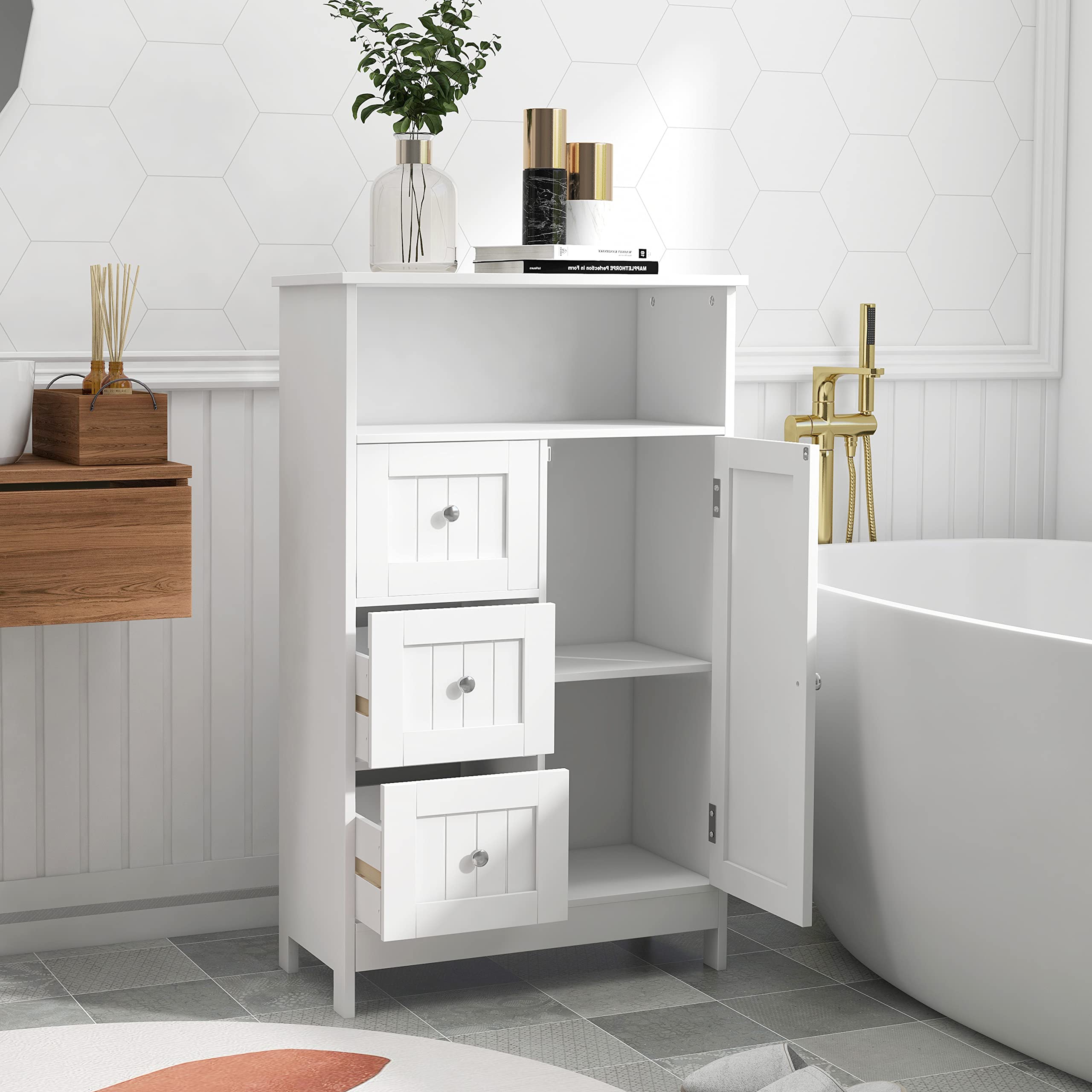 Knocbel Bathroom Floor Storage Cabinet with 3 Drawers, Open Compartment and Single Door, Free Standing Bath Organizer Unit, 23.6" W x 11.8" D x 39.6" H (White)