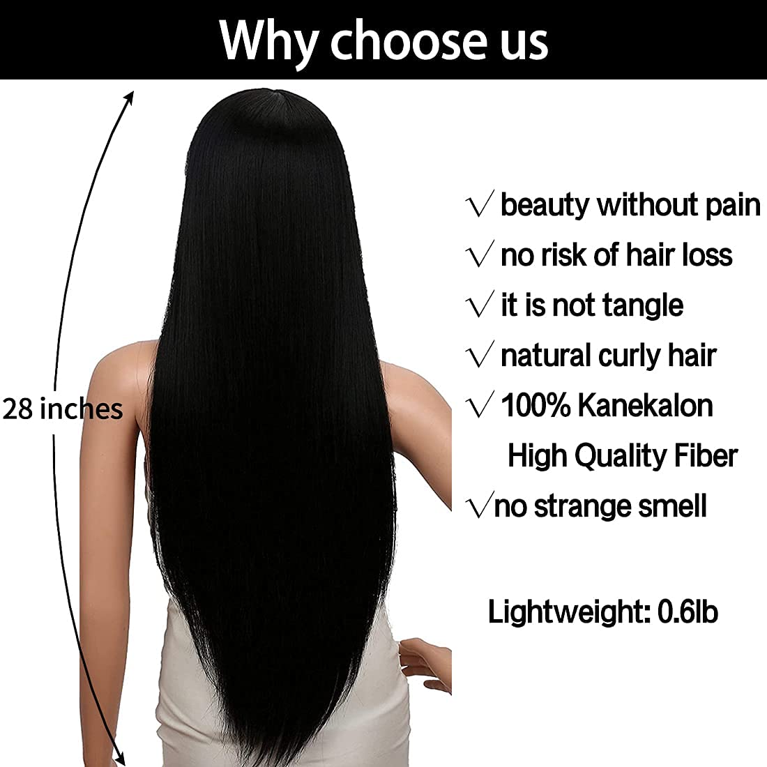 Kalyss 28 Inches Women's Silky Long Straight Black Wig Heat Resistant Synthetic Wig With Bangs Hair Wig for Women