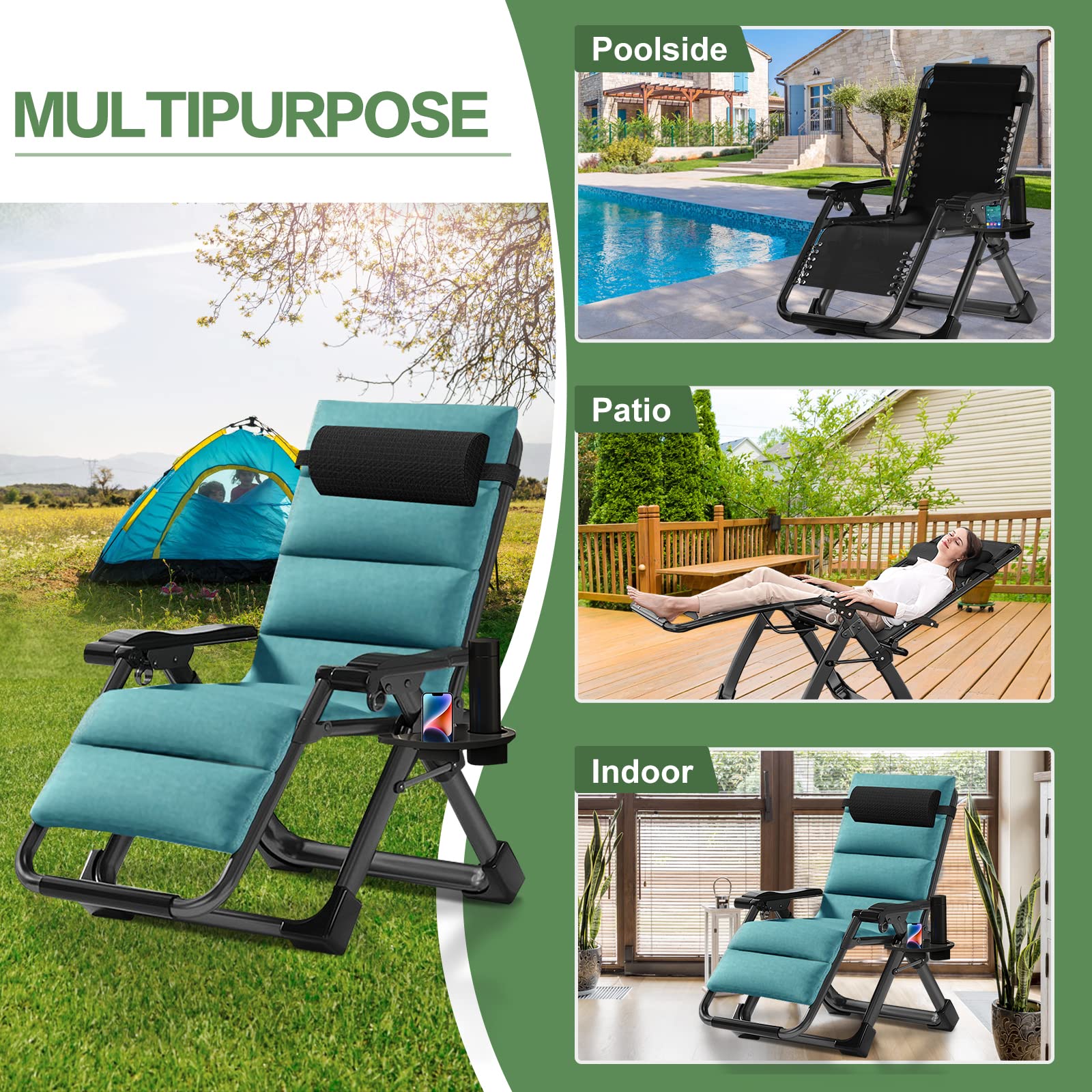 Barbella Zero Gravity Chair Reclining Lounge Chair Patio Chairs, Adjustable Lawn Recliner Folding Lounge Recliners with Removable Cushion, Headrest & Cup Holder, Reclining Chair for Indoor and Outdoor