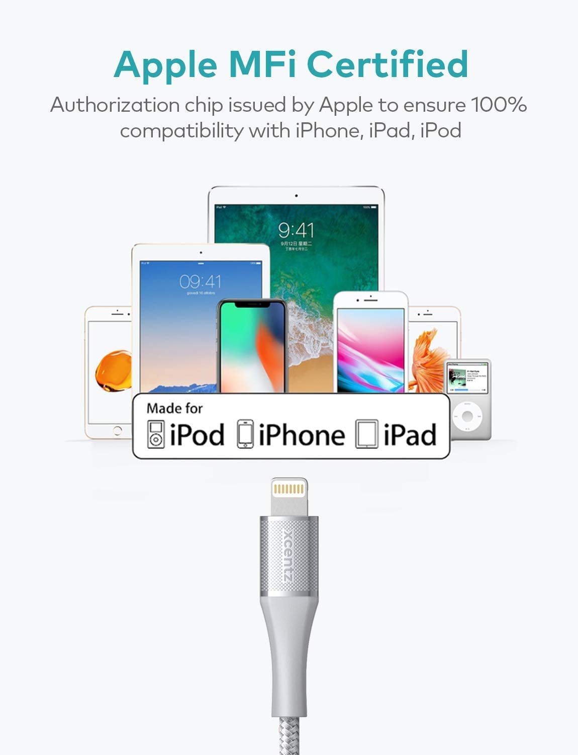 XCENTZ Phone Charger 10ft, MFi Certified Lighting Cable, High-Speed Phone Cable with Premium Connector for Phone 14/13/12/11/X/XS/XR/XS Max/8/7/6/5S/SE, Pad Mini/Air