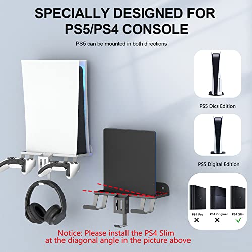 BELOPERA Ps5/Ps4 Wall Mount kit, 6-in-1 PS5 (Disc and Digital) Metal Wall Mount Stand with 2 Detachable Controller Hanging Bracket/Headset Hanger/Remote Box/Charging Cable β White