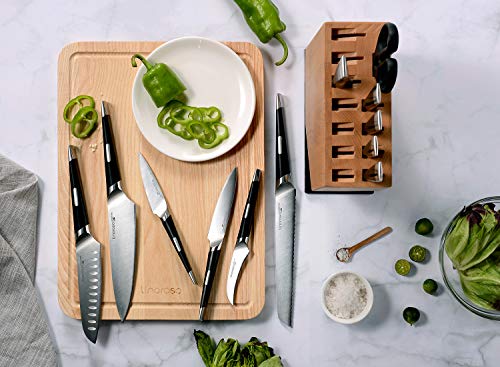 Linoroso Knife Set, 13-Piece Kitchen Knife Set with Block Sharp Chef Knife Set, German High Carbon Stainless Steel Knife Block Set with Beech Block with Black Oxide Stainless Steel Base