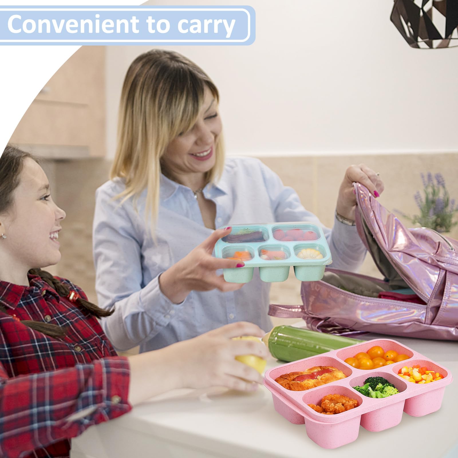 SIPOMU Bento Lunch Box, 5 Compartment Food Container Lunch Box Meal Prep Containers Wheat Straw Lunchbox Containers with Compartments Lids Microwave Safe Storage Boxes, Pack of 4