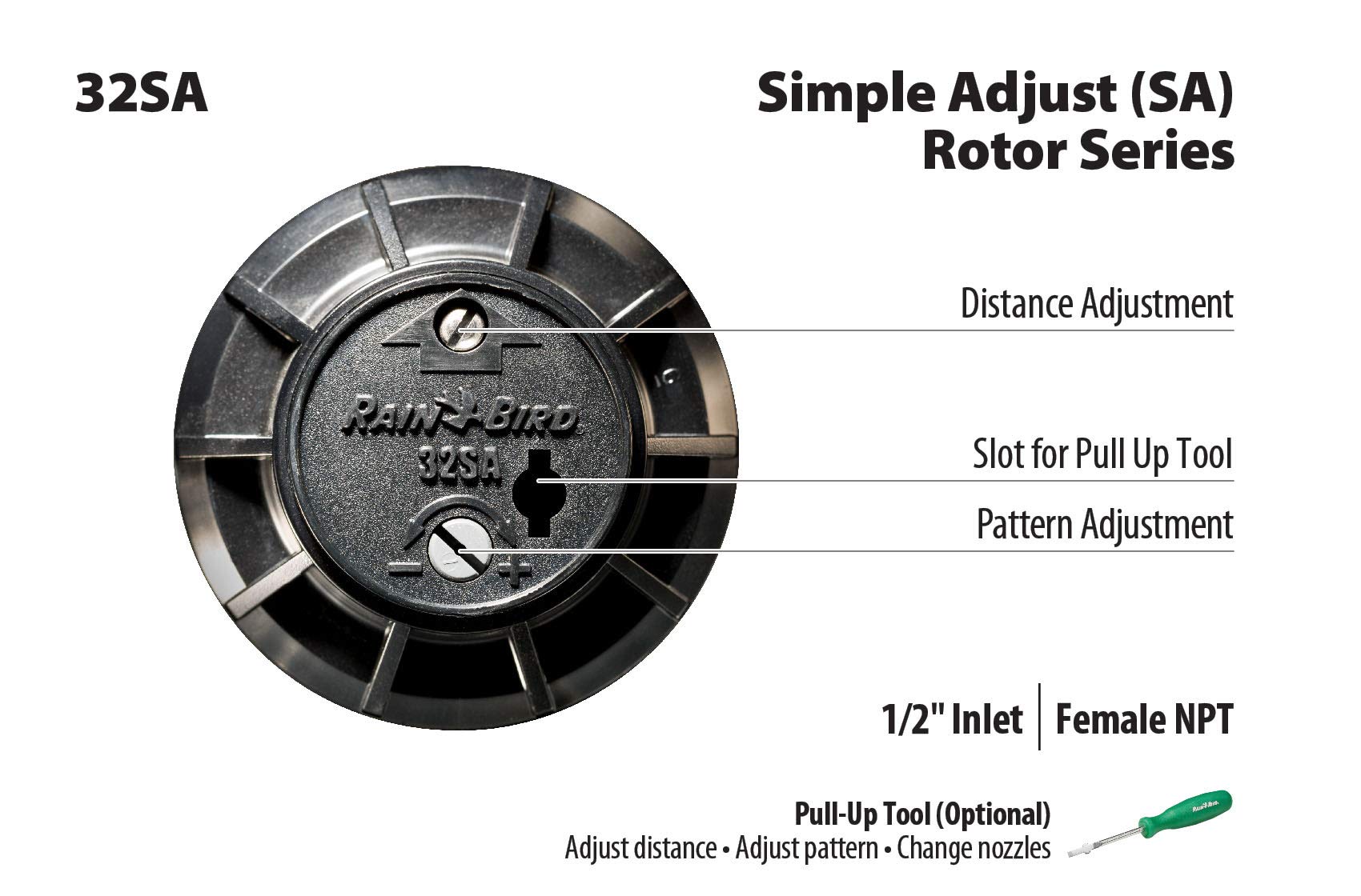 Rain Bird 32SA Simple Adjust Gear Drive Rotor, 40° - 360° Pattern, 19' - 32' Spray Distance