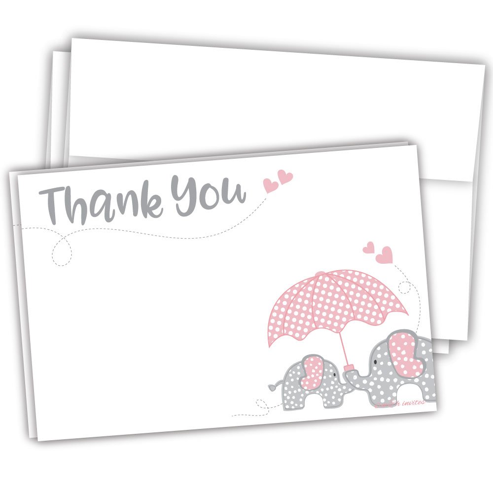 Pink Elephant Girl Baby Shower Thank You Note Cards (20 Count) - With Envelopes