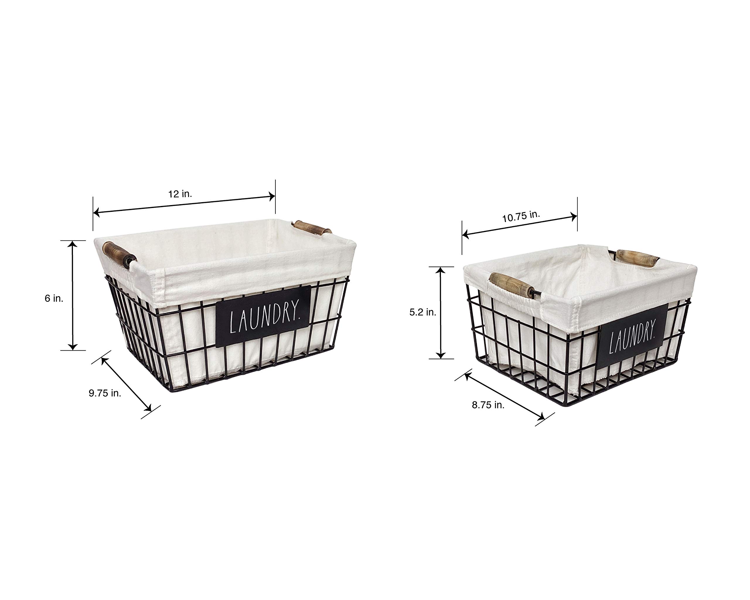 Rae Dunn Wired Storage Baskets Set of 2 - Rustic Organizers with Fabric and Metal Lining – Stylish Supply Bin for Bathroom, Laundry Room, Closet, Nursery - Cute Home Décor with “Organize” Sign