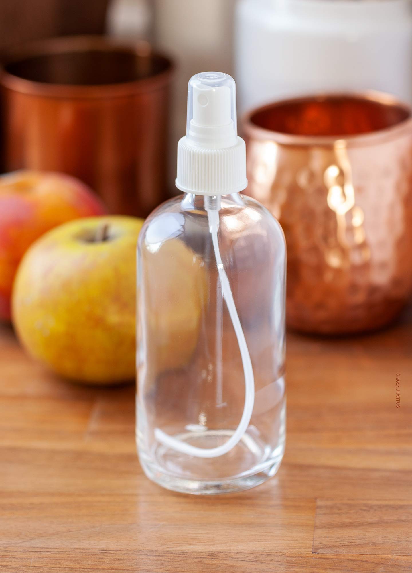 JUVITUS 8 oz Clear Boston Round Thick Plated Glass Bottle with White Fine Mist Spray (2 Pack)