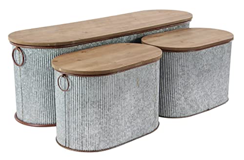 Deco 79 Metal Storage Bench with Brown Wood Top, Set of 3 48", 23", 23"W, Brown