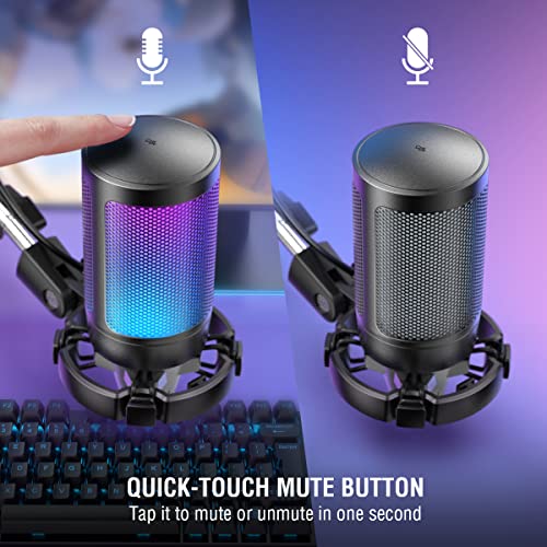 FIFINE Gaming PC USB Microphone, Podcast Condenser Mic with Boom Arm, Pop Filter, Mute Button for Streaming, Twitch, Online Chat, RGB Computer Mic for PS4/5 PC Gamer Youtuber-AmpliGame A6T