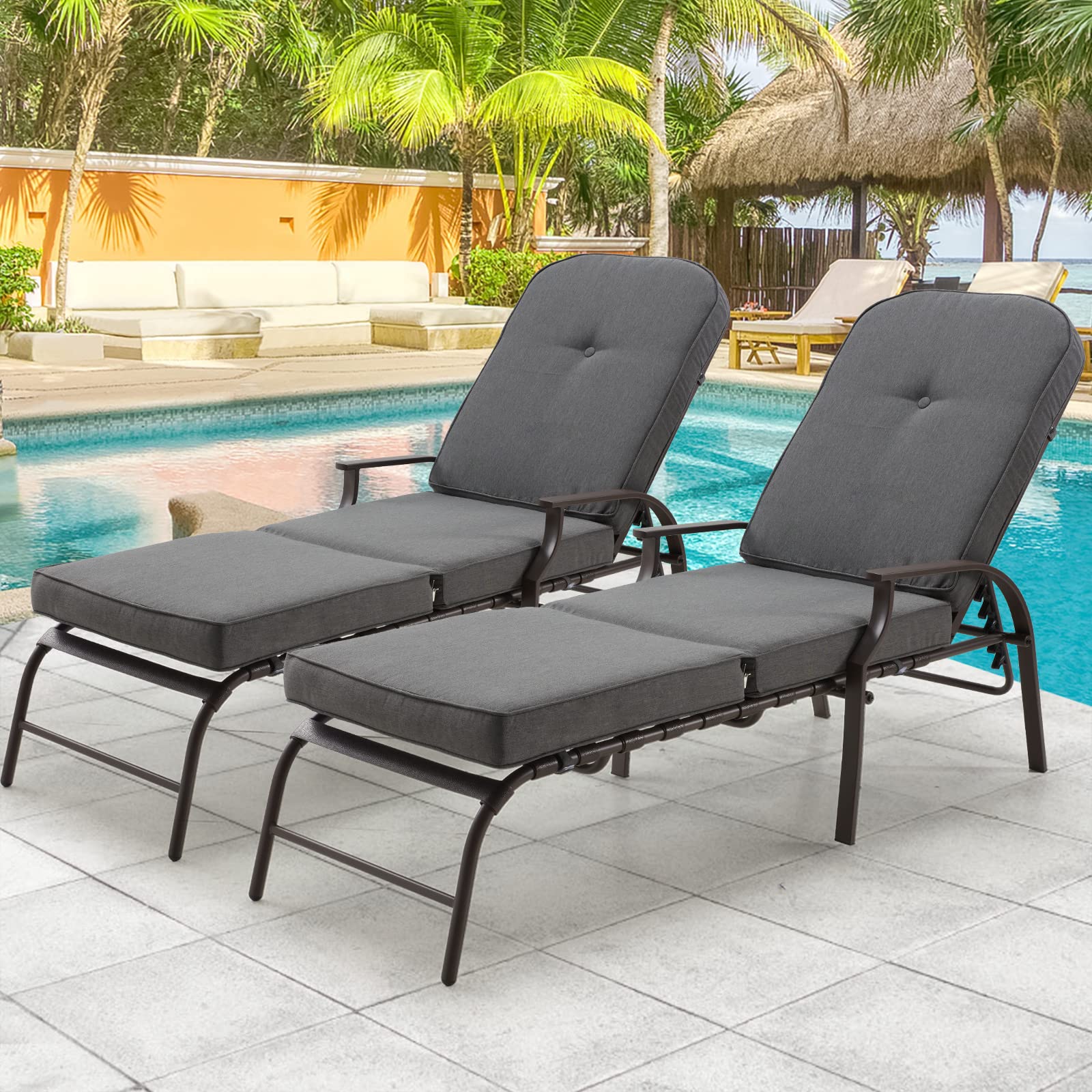 U-MAX Adjustable Outdoor Chaise Lounge Chair Patio Lounge Chair Recliner Furniture with Armrest and Cushion for Deck, Poolside, Backyard (Grey)