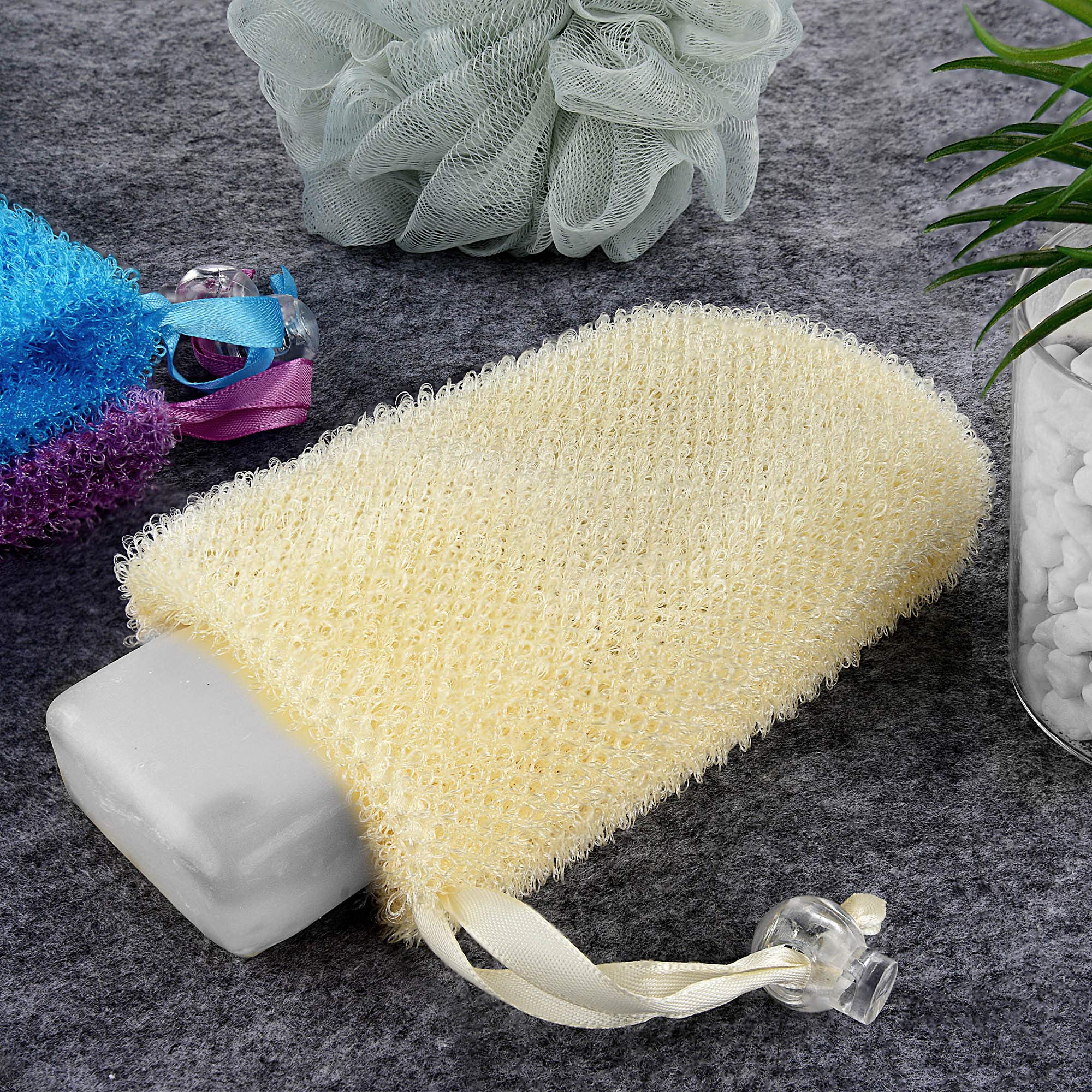 Linkidea 3 Pack Soap Bag, Exfoliating Soap Saver Pouch, Exfoliator Sponge Soap Pocket Drawstring Bags, Body Scrubber for Bath Shower (Three Random Color)