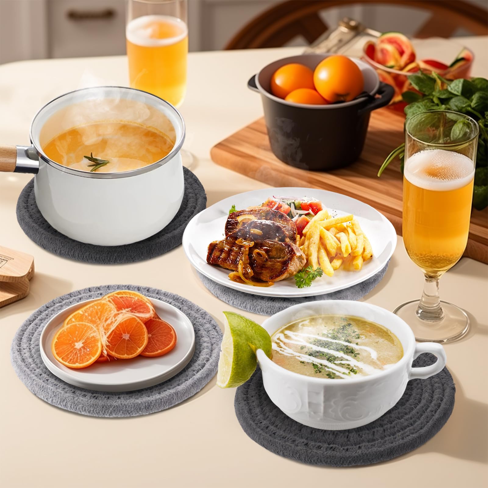 Handmade Trivets for Hot Dishes, Natural Cotton 7'' Hot Plate Mats, BOHO Woven Heat-resistant Pot Pans Holders Set for Kitchen Countertop Home Table Essentials(4 pcs)