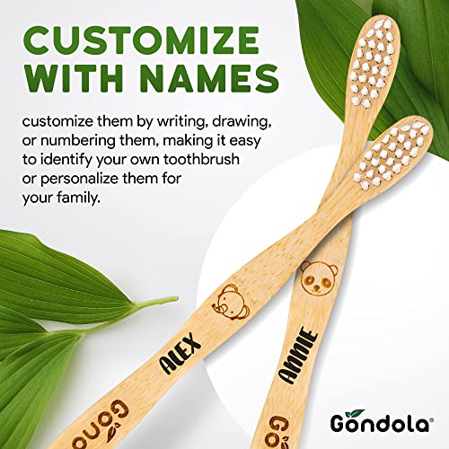 Gondola Kids Bamboo Toothbrushes Soft Bristles β Vegan Organic Eco Friendly Tooth Brush for Kids with Fun Animals Designs & Lightweight, Smooth Bamboo Handles β Zero Waste Packaging β 4 Pack